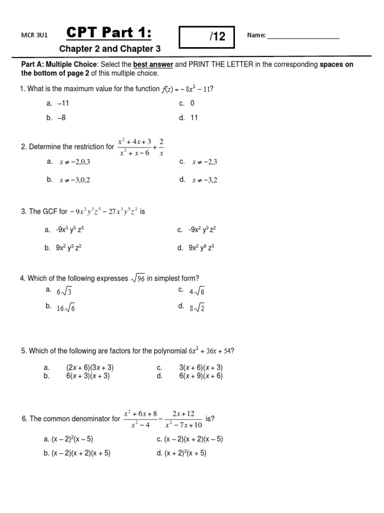 MCR 3U1 CPT Part 1 - MC - (Remote Learning) - October 2020 - v1 | PDF ...