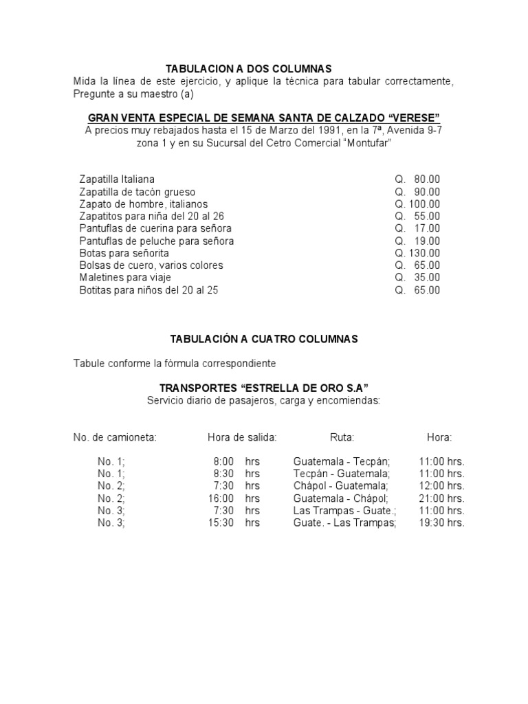 Tabulacion A Dos Columnas y Cuatro Columnas | PDF