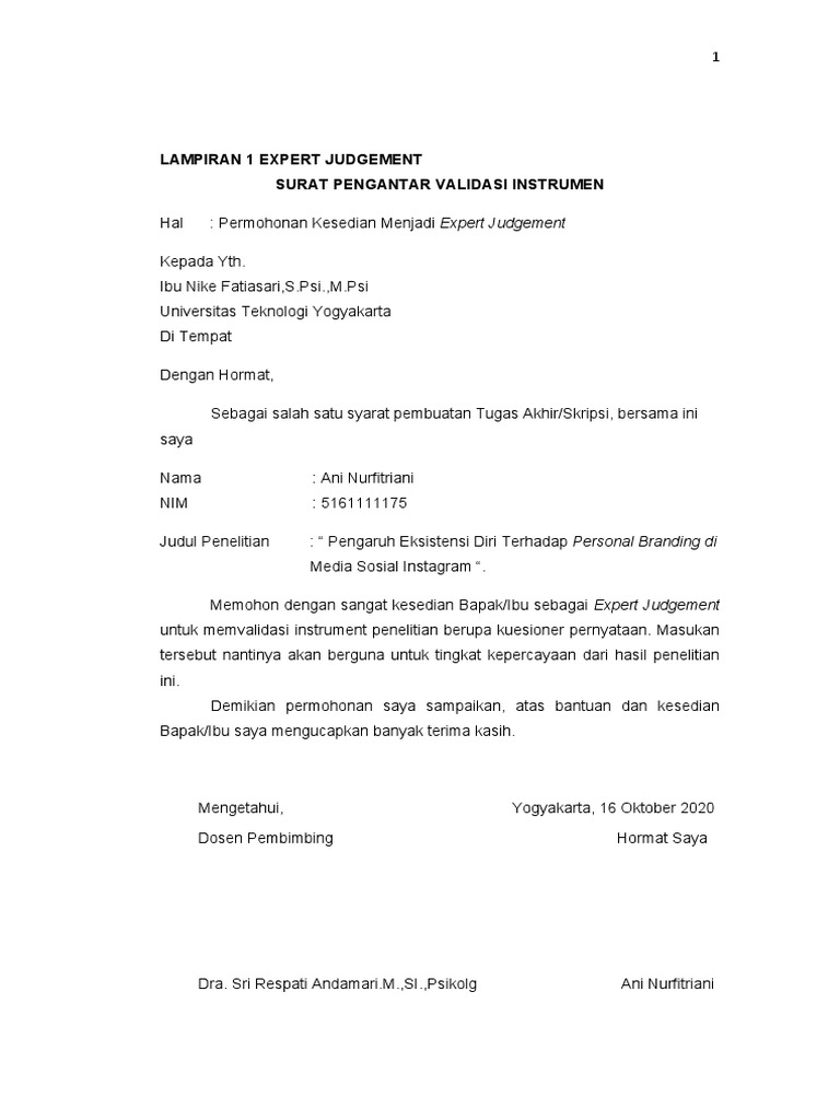 Lampiran 1 Expert Judgement Surat Pengantar Validasi Instrumen | PDF