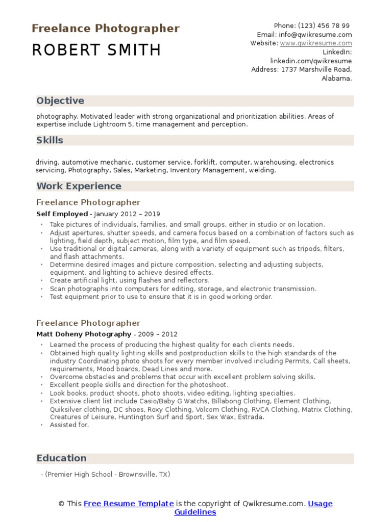 Freelance Photographer Resume Template | PDF | Flash (Photography) | Camera