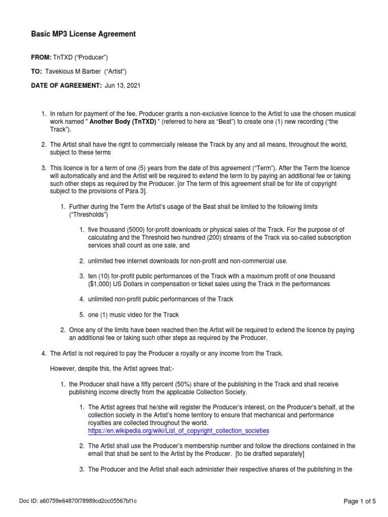 MP3 License Agreement: TnTXD & Barber | PDF | License | Civil Law ...