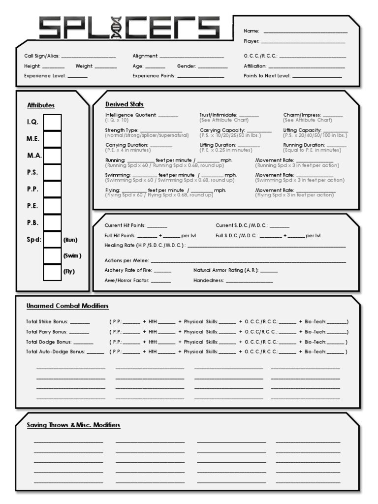 Splicers Fillable Character Sheet With Host Armor | PDF | Senses | Nature