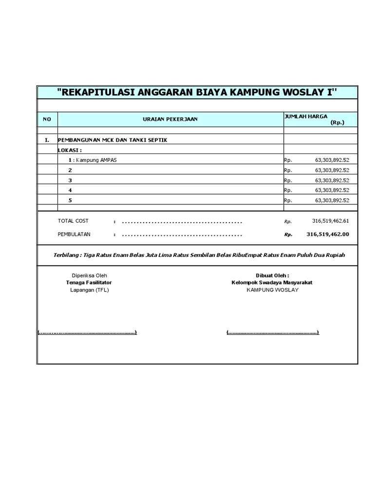 Rekap Anggaran Pembangunan Septik Woslay | PDF