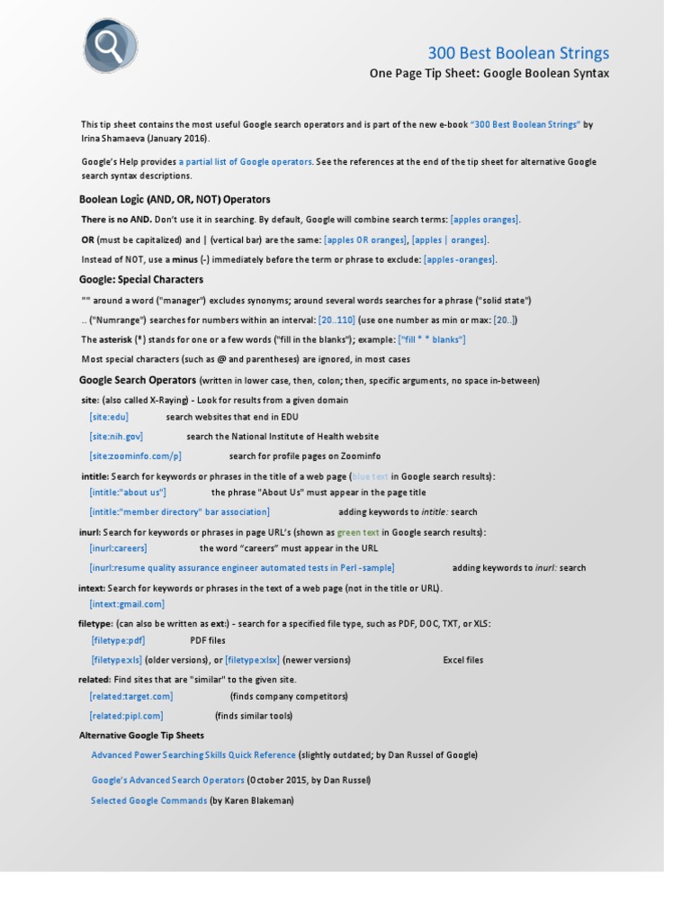 300 Best Boolean Strings: One Page Tip Sheet: Google Boolean Syntax ...