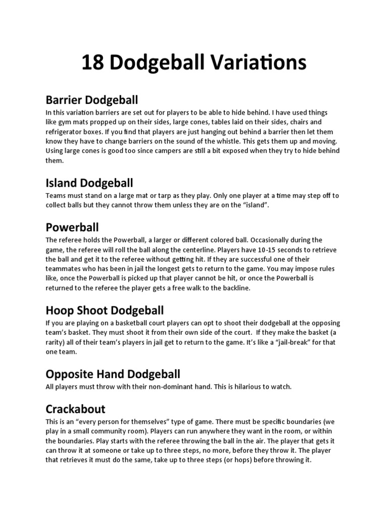 Dodgeball Game Variations Guide | PDF | Games Of Physical Skill | Teams