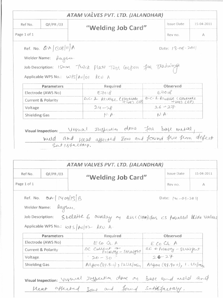 Welding Job Card Fillerd | PDF