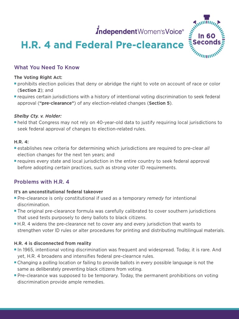 H.R. 4 and Federal Pre-Clearance: in 60 Seconds | PDF | Voting Rights ...