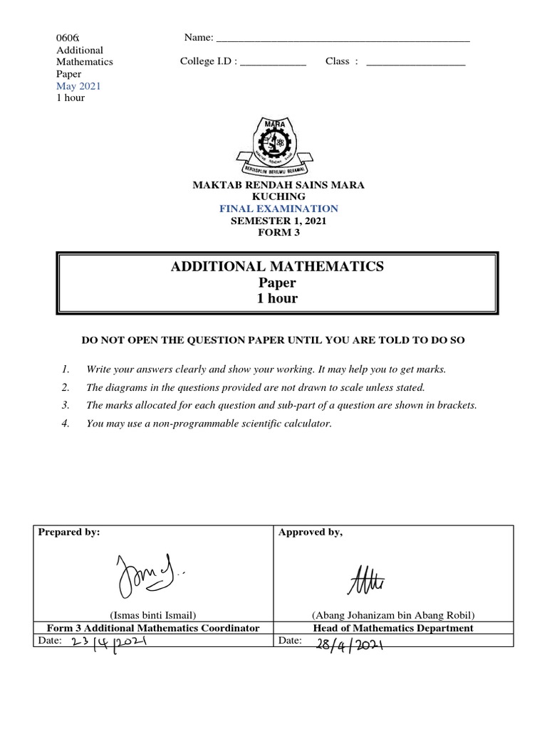 Add MT Final Sem 1 f3 21 | PDF | Function (Mathematics) | Quadratic Equation