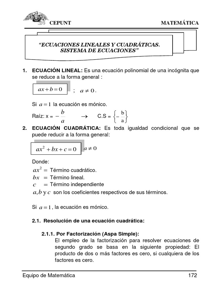 Ecuaciones Lineales y Cuadráticas: Guía Completa | PDF | Sistema de ...