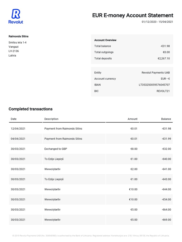 EUR E-Money Account Statement: Completed Transactions | PDF | Banking ...