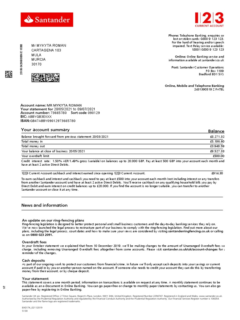 Santander Bank Account Statement for MR MYKYTA ROMAN for the Period of ...