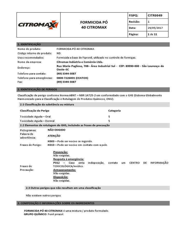 Formicida Pó 40 Citromax: FISPQ | PDF | Embalagem e rotulagem | Combustão