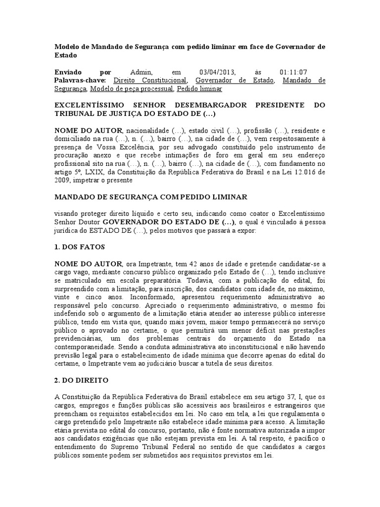Modelo de Mandado de Segurança Com Pedido Liminar em Face de Governador ...