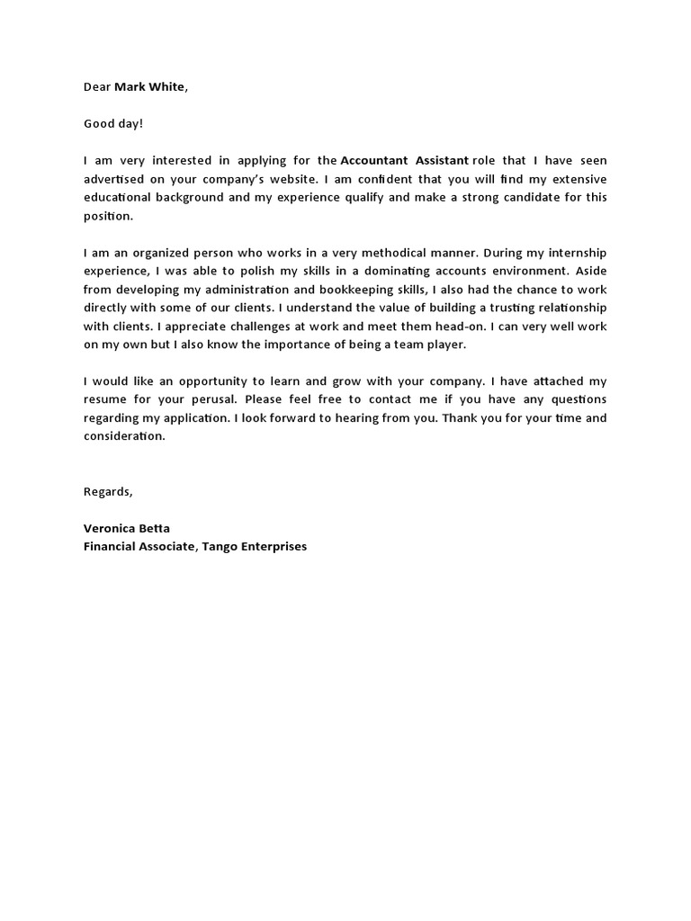 Job Application Letter For Accountant Assistant Template | PDF