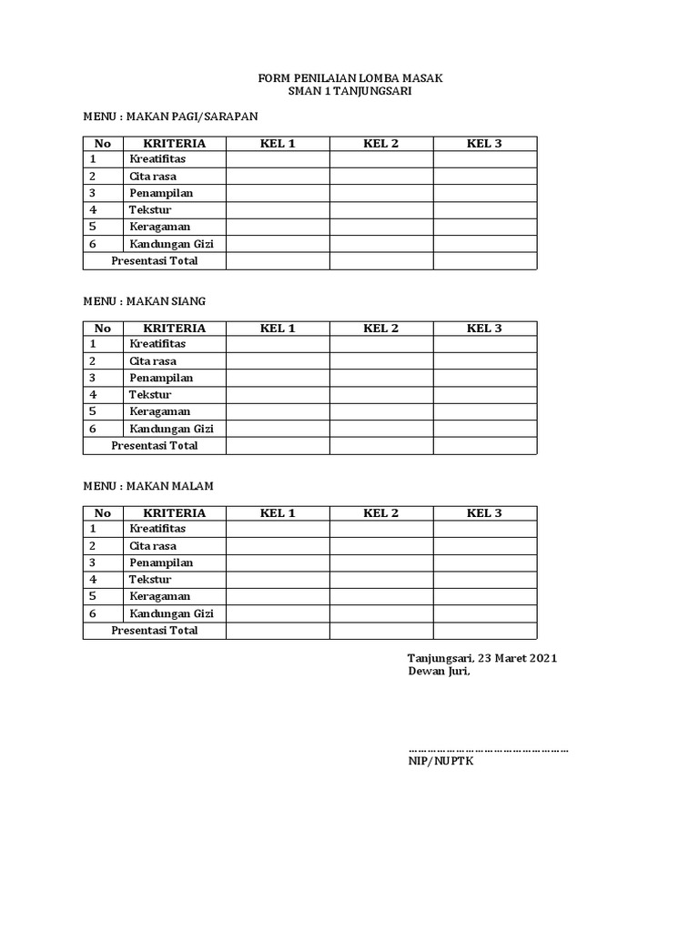 Format Penilaian Lomba Masak SD | PDF