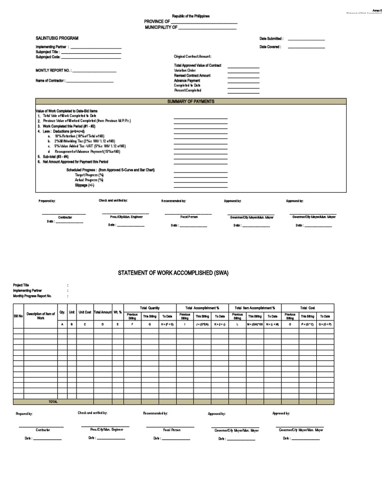 Annex Q - Statement of Work Accomplished (SWA) | PDF | Economies | Taxation