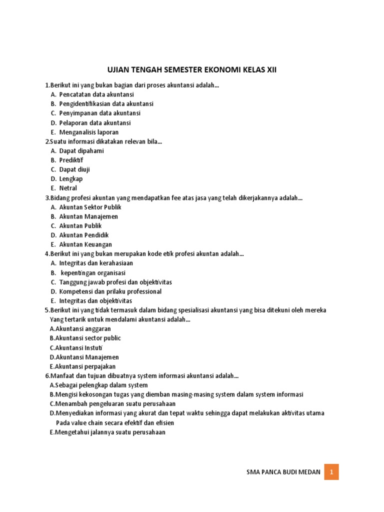 Soal UTS Ekonomi Kelas XII dan X | PDF