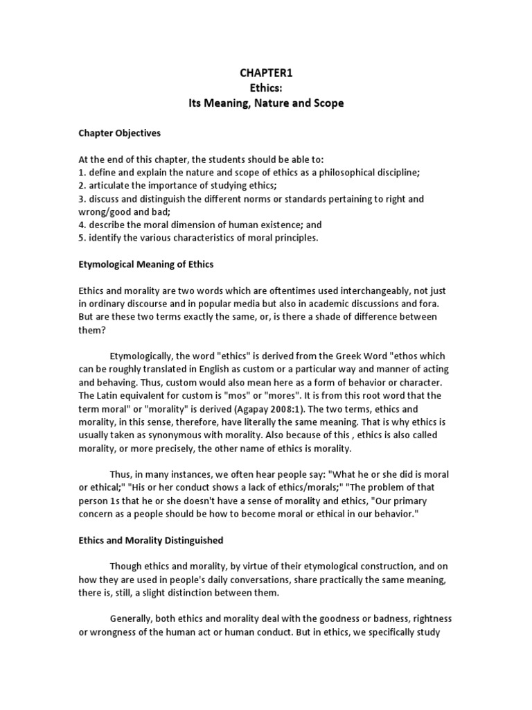 Ethics: Its Meaning, Nature and Scope: Chapter Objectives | PDF | Morality | Reason