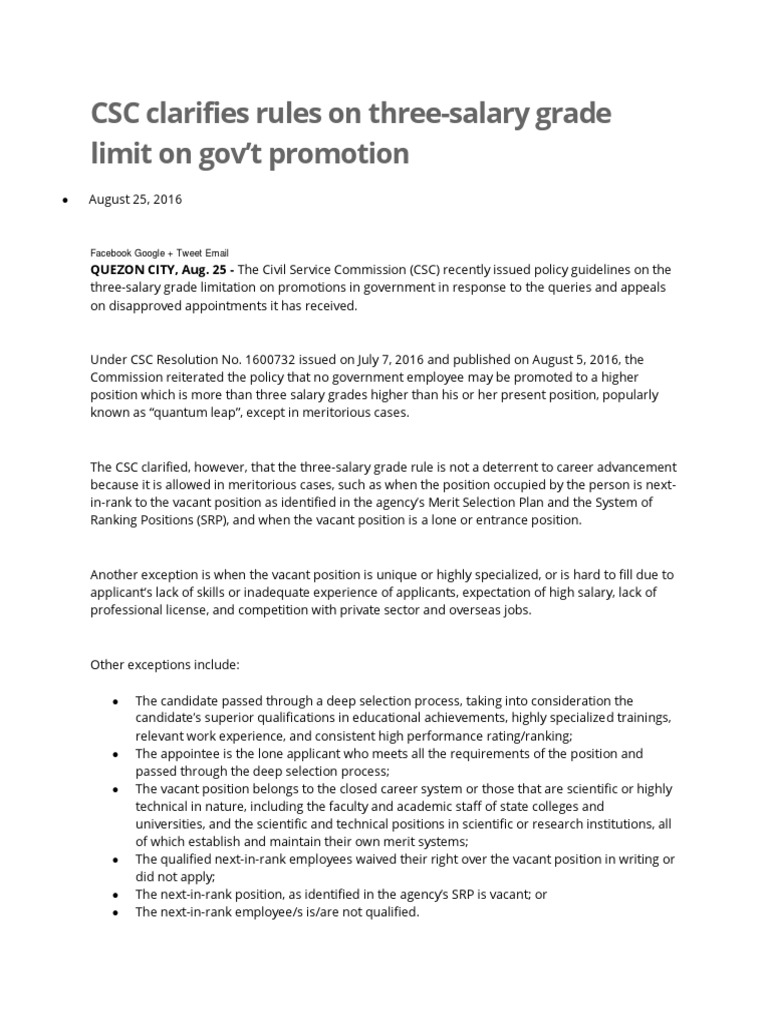 CSC MC No. 18 S 2016-Three Salary Grade Limitation On Promotion-Quantum ...