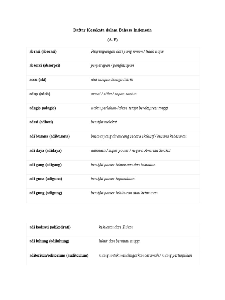 Daftar Kosakata Dalam Bahasa Indonesia | PDF