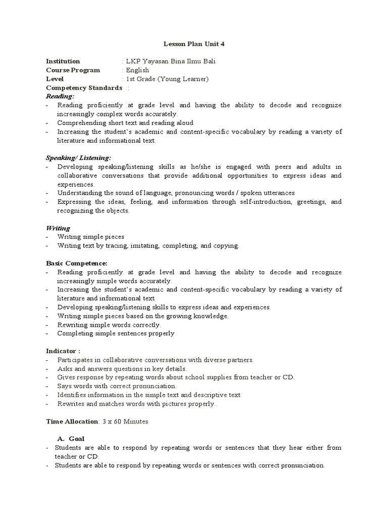1st Grade English Lesson Plan Unit 4 | PDF | Vocabulary | Lesson Plan
