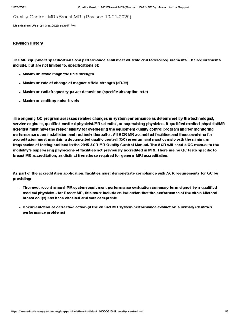ACR Quality Control - MRI - Breast MRI (Revised 10-21-2020 ...