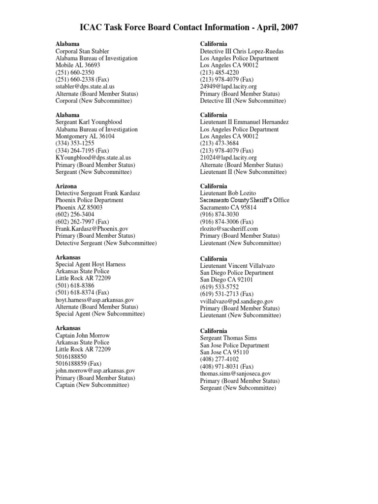 ICAC Task Force Contact List 2007 | PDF | Special Agent | Iowa