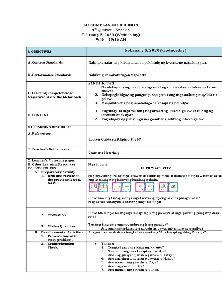 LESSON PLAN IN FILIPINO 1 Final | PDF