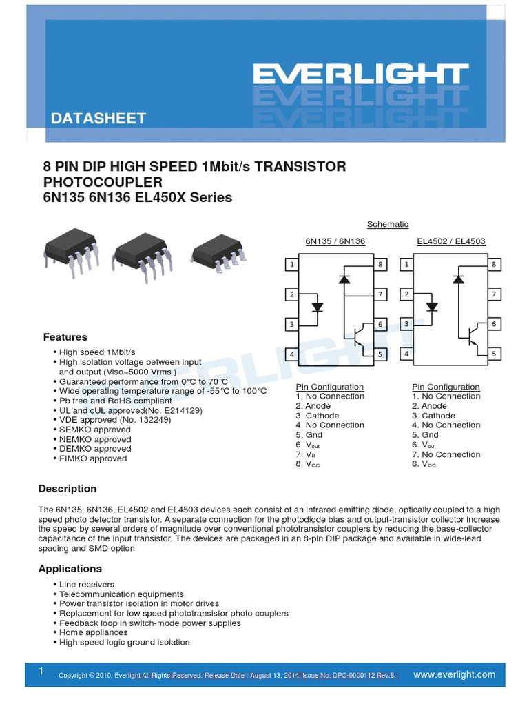 8 Pin Dip High Speed 1Mbit/S Transistor Photocoupler 6N135 6N136 EL450X ...