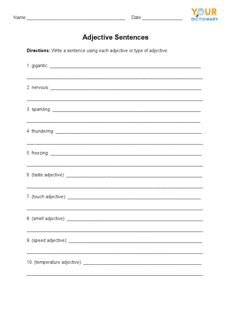 Adjective Sentences: Directions: Write A Sentence Using Each Adjective ...
