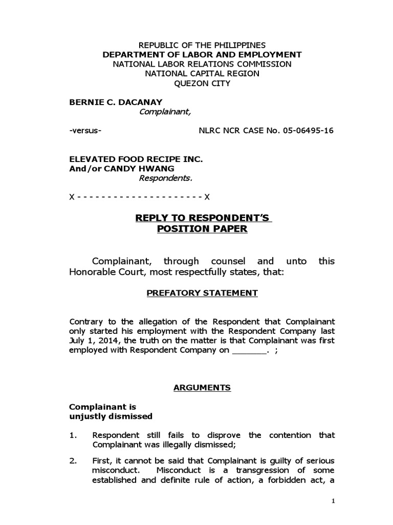 Reply To Position Paper - Dacanay | PDF | Employment | Labour Law