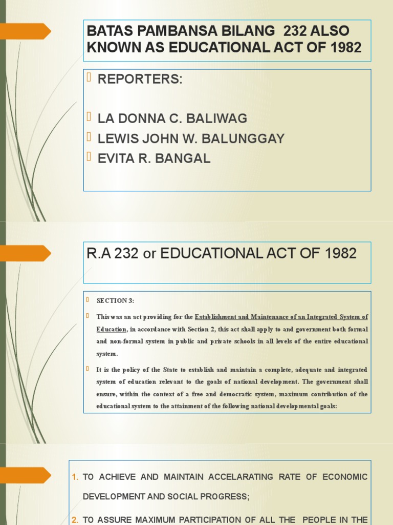 Batas Pambansa Bilang 232 Also Known As Educational | PDF | Schools ...