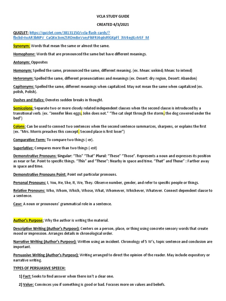 Vcla Study Guide | PDF | Grammatical Number | Verb