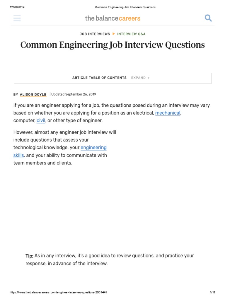 Common Engineering Job Interview Questions | PDF | Job Interview ...