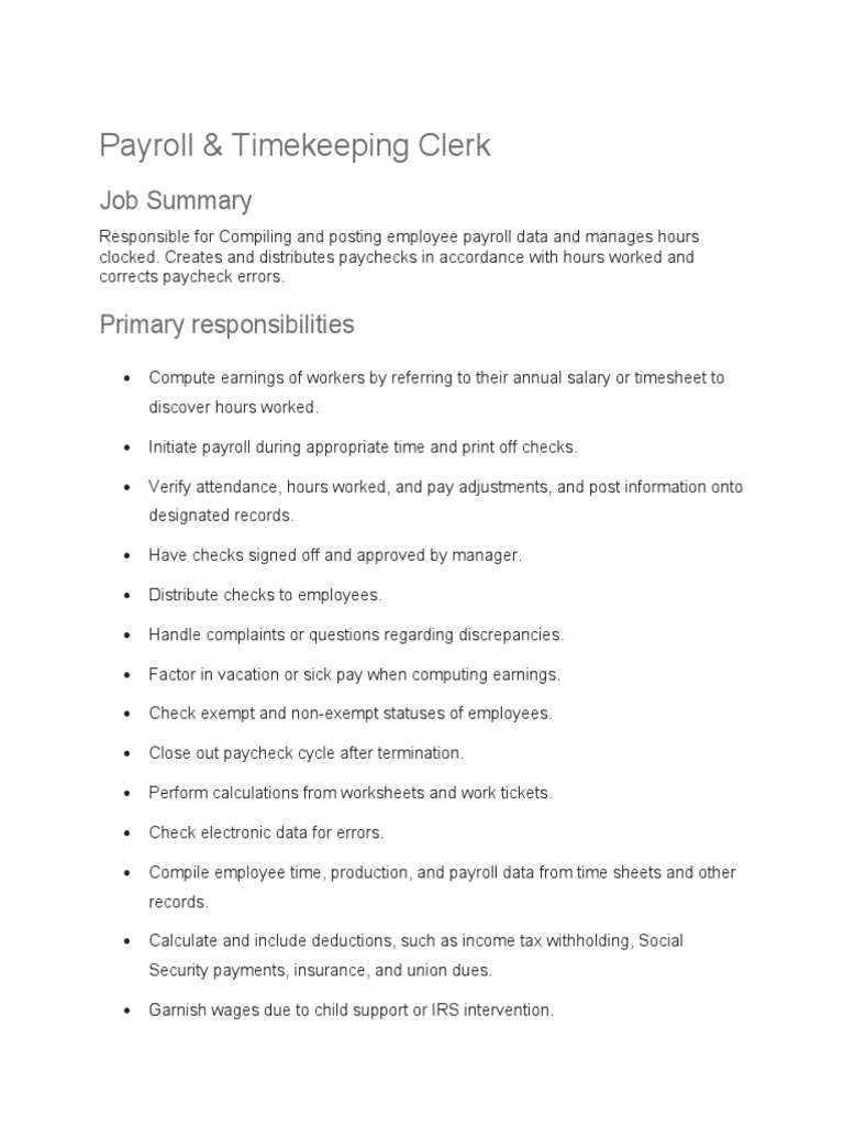 Payroll & Timekeeping Clerk: Job Summary | PDF
