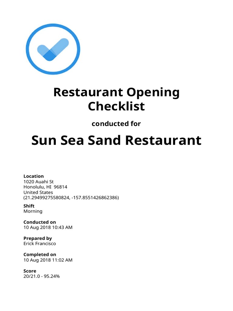 Restaurant Opening Checklist IAuditor Sample Report | PDF | Tableware ...