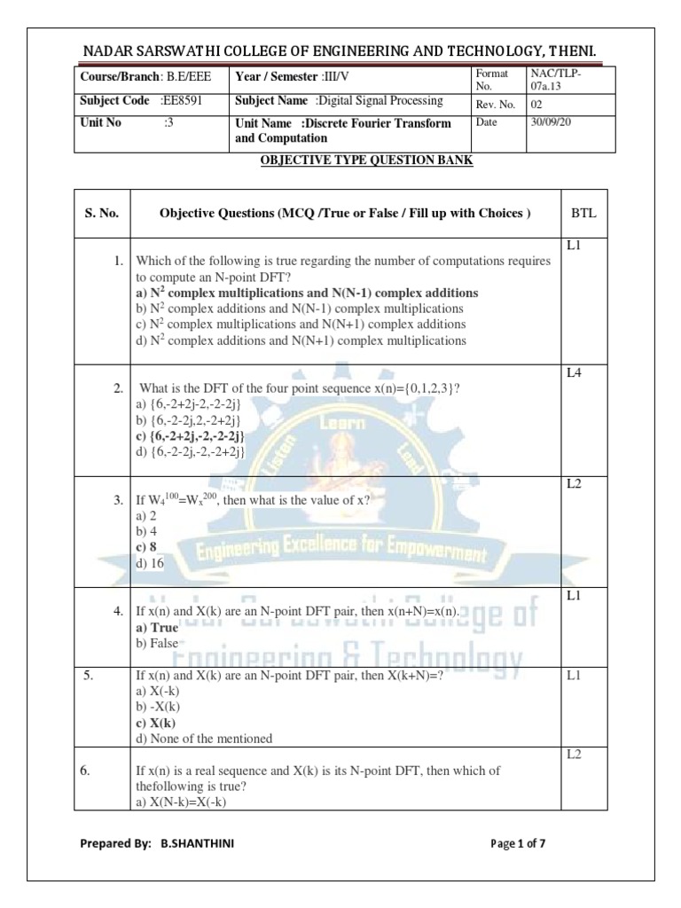 DSP Objective Unit 3 | PDF | Discrete Fourier Transform | Digital ... DSP Objective Unit 3 | PDF | Discrete Fourier Transform | Digital ...
