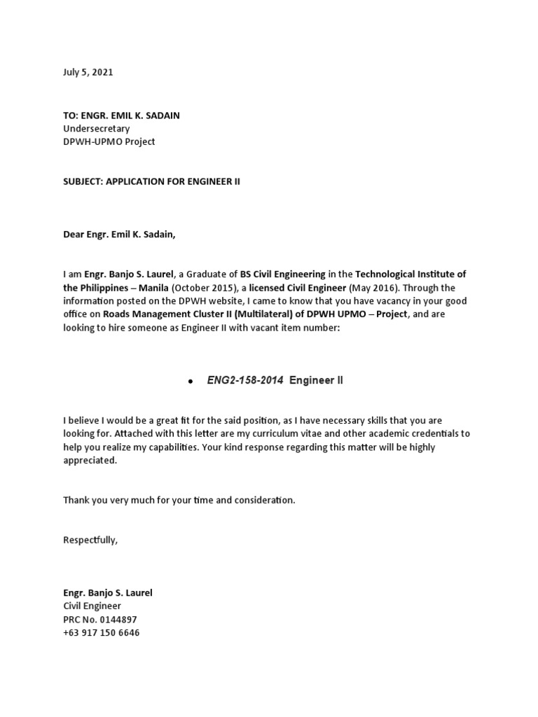 To: Engr. Emil K. Sadain: ENG2-158-2014 Engineer II | PDF