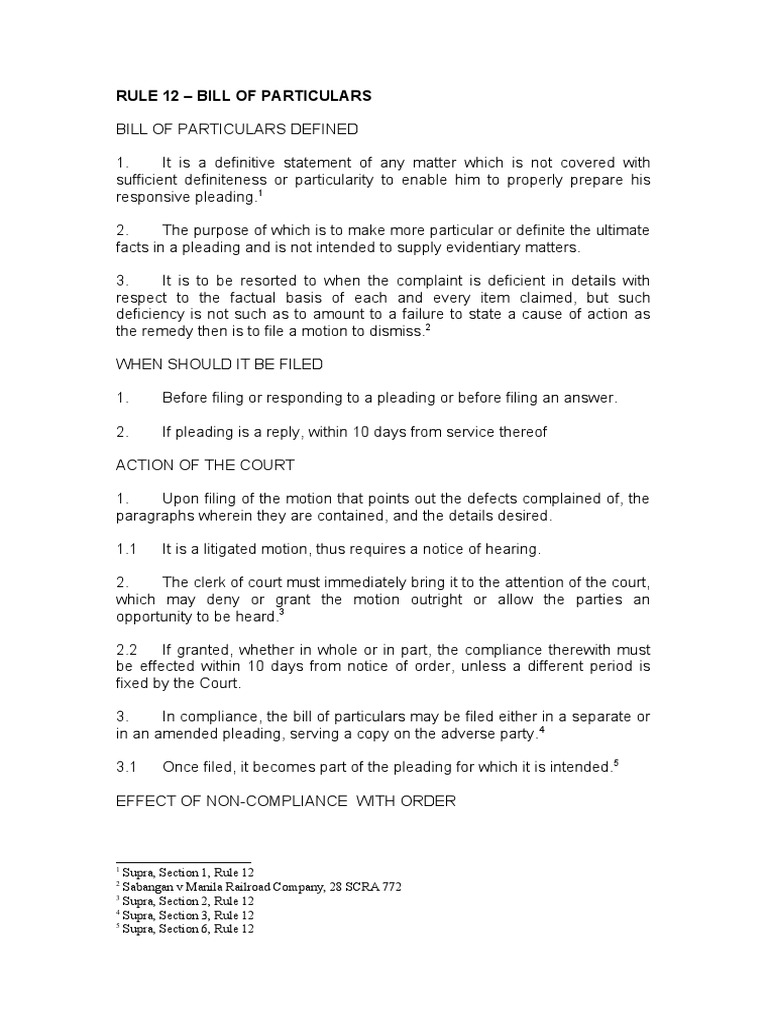 Rule 12 - Bill of Particulars Discussion Outline | PDF | Pleading ...