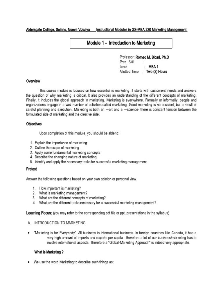 Module 1 Introduction To Marketing | PDF | Marketing | Marketing ...