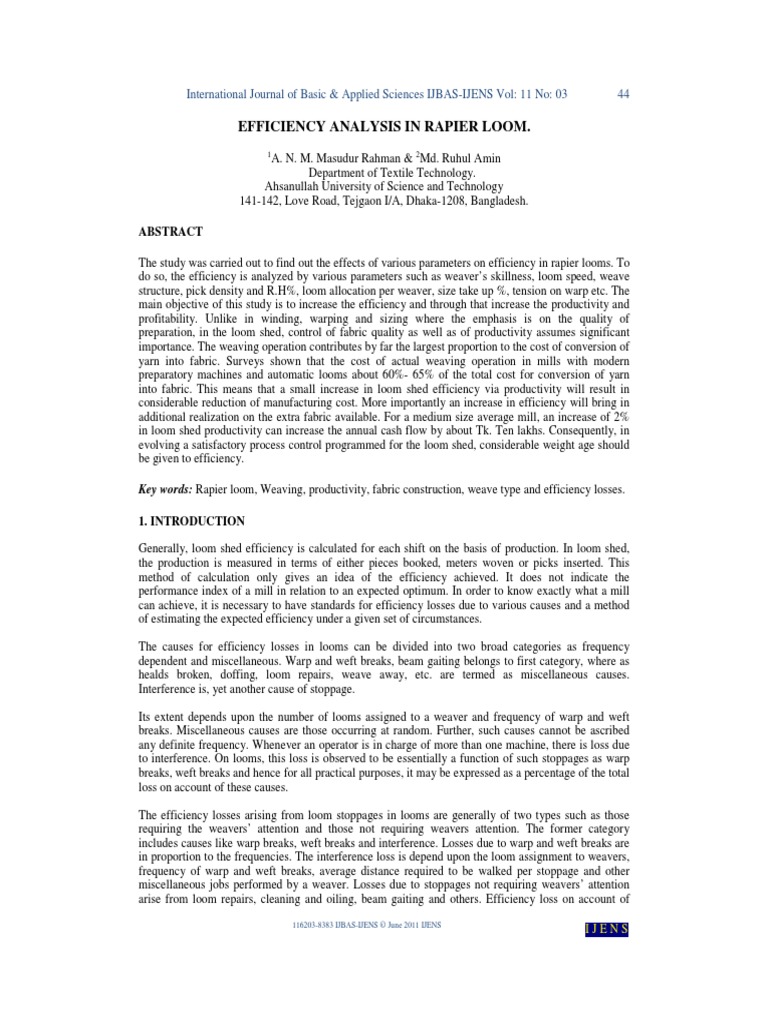 Efficiency Analysis in Rapier Loom | PDF | Loom | Weaving