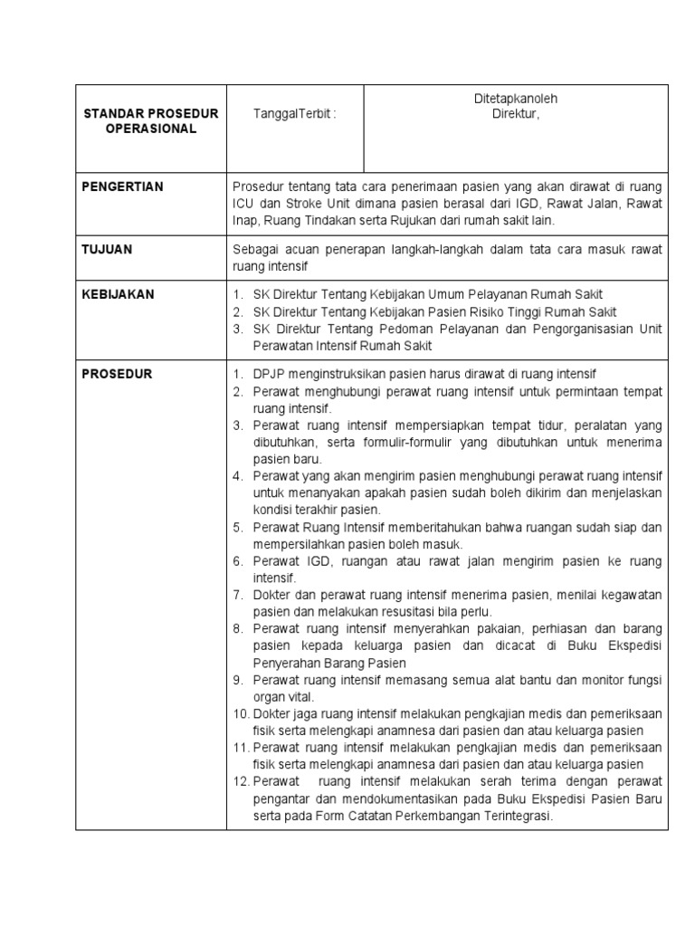 SOP Penerimaan Pasien Baru Di Ruang Intensif | PDF | Sains & Matematika