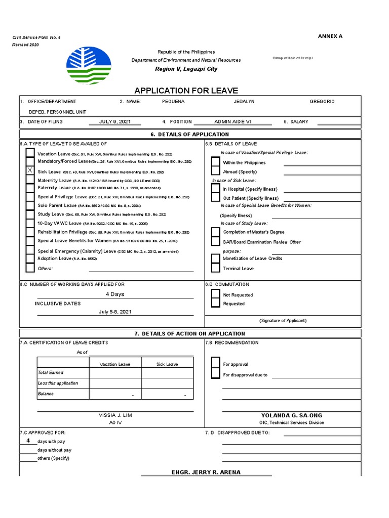 Application For Leave: Region V, Legazpi City | PDF | Parental Leave ...