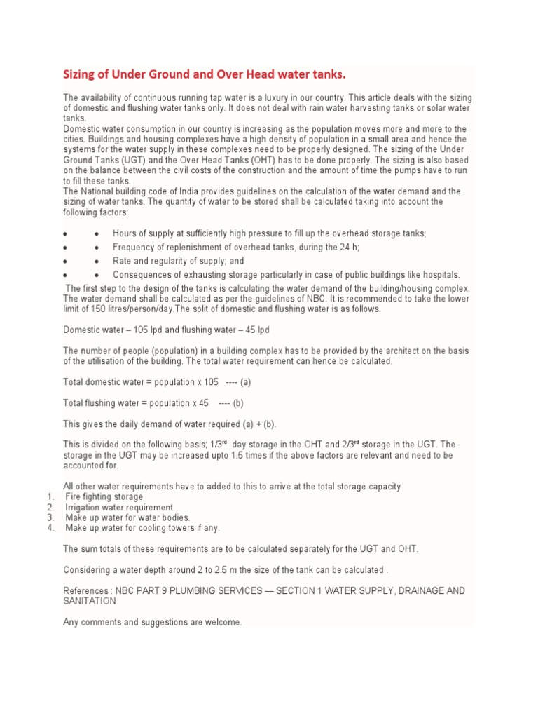 Sizing of Under Ground and Over Head Water Tanks.: RD RD | PDF | Water ...