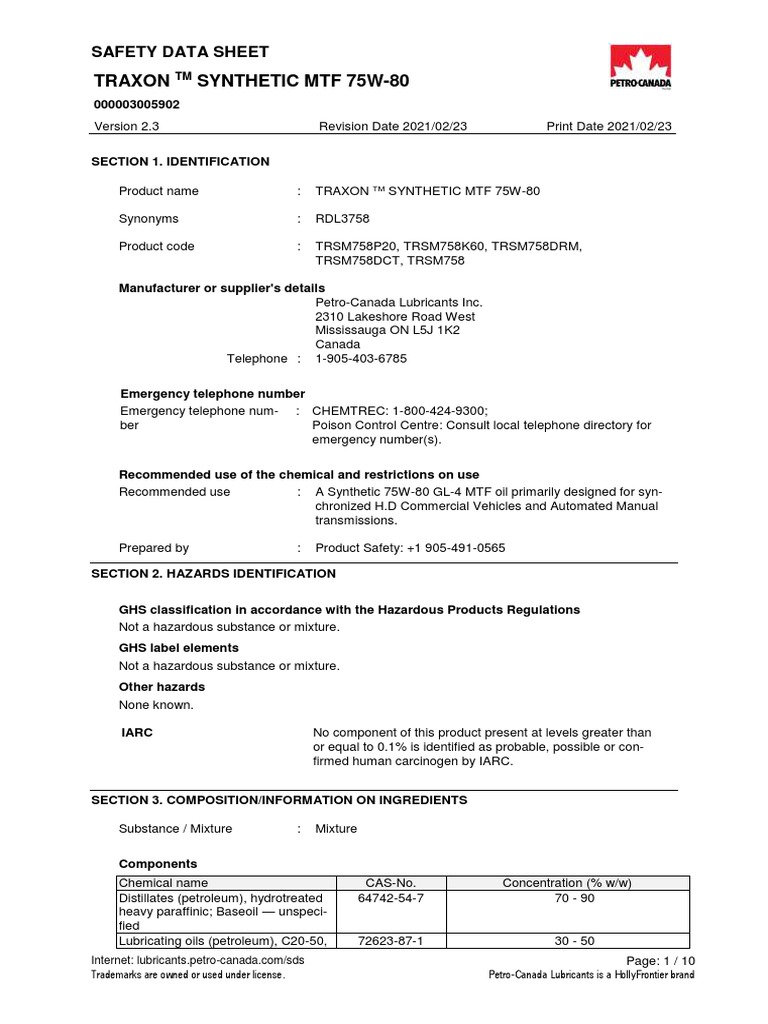 Traxon Synthetic MTF 75W-80: Safety Data Sheet | PDF | Toxicity | Dangerous Goods