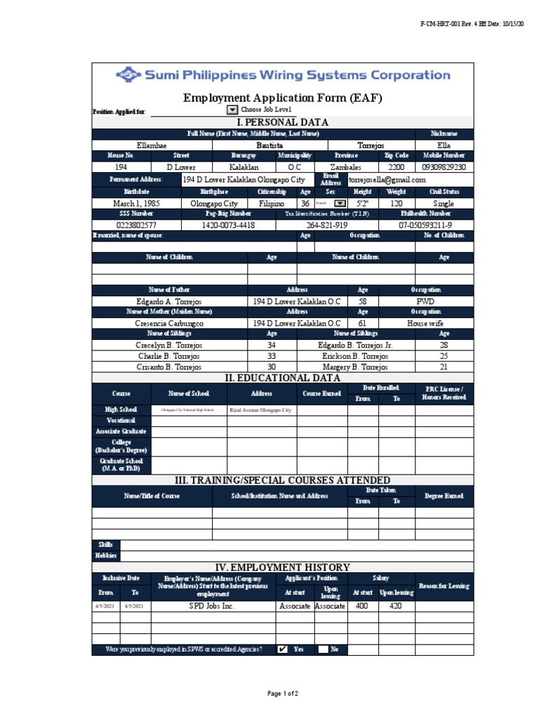 Employment Application Form (EAF) | PDF | Crime Thriller | Business