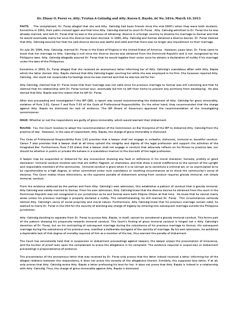 Dr. Elmar O. Perez vs. Atty. Tristan A Catindig and Atty. Karen E ...