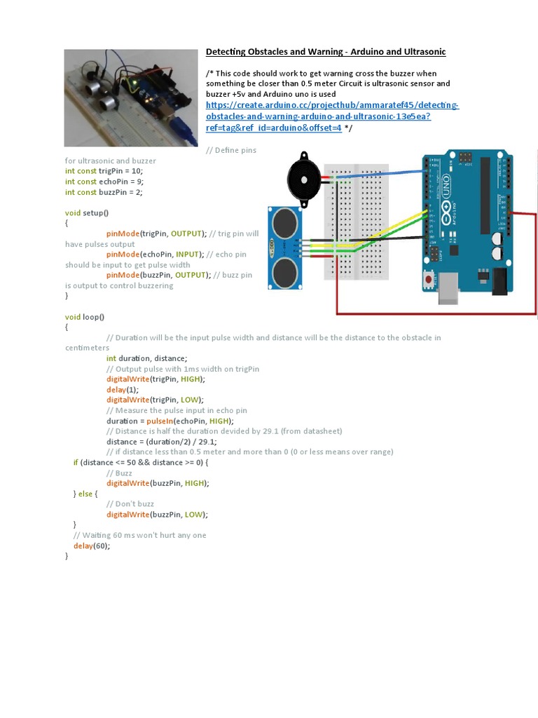 Detecting Obstacles and Warning - Arduino and Ultrasonic | PDF