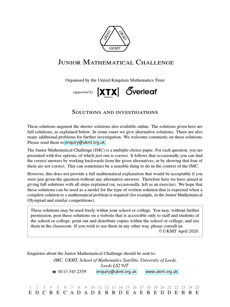 Junior Mathematical Challenge: Solutions and Investigations | PDF ...
