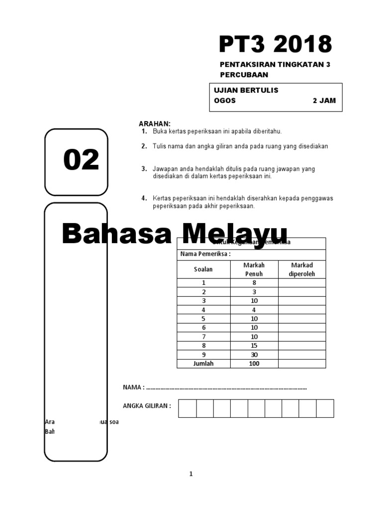 Soalan Percubaan BM PT3 2018 | PDF